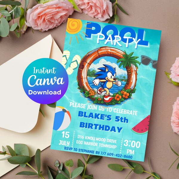 Sonic the Hedgehog Pool Party Birthday Invitation - Etsy