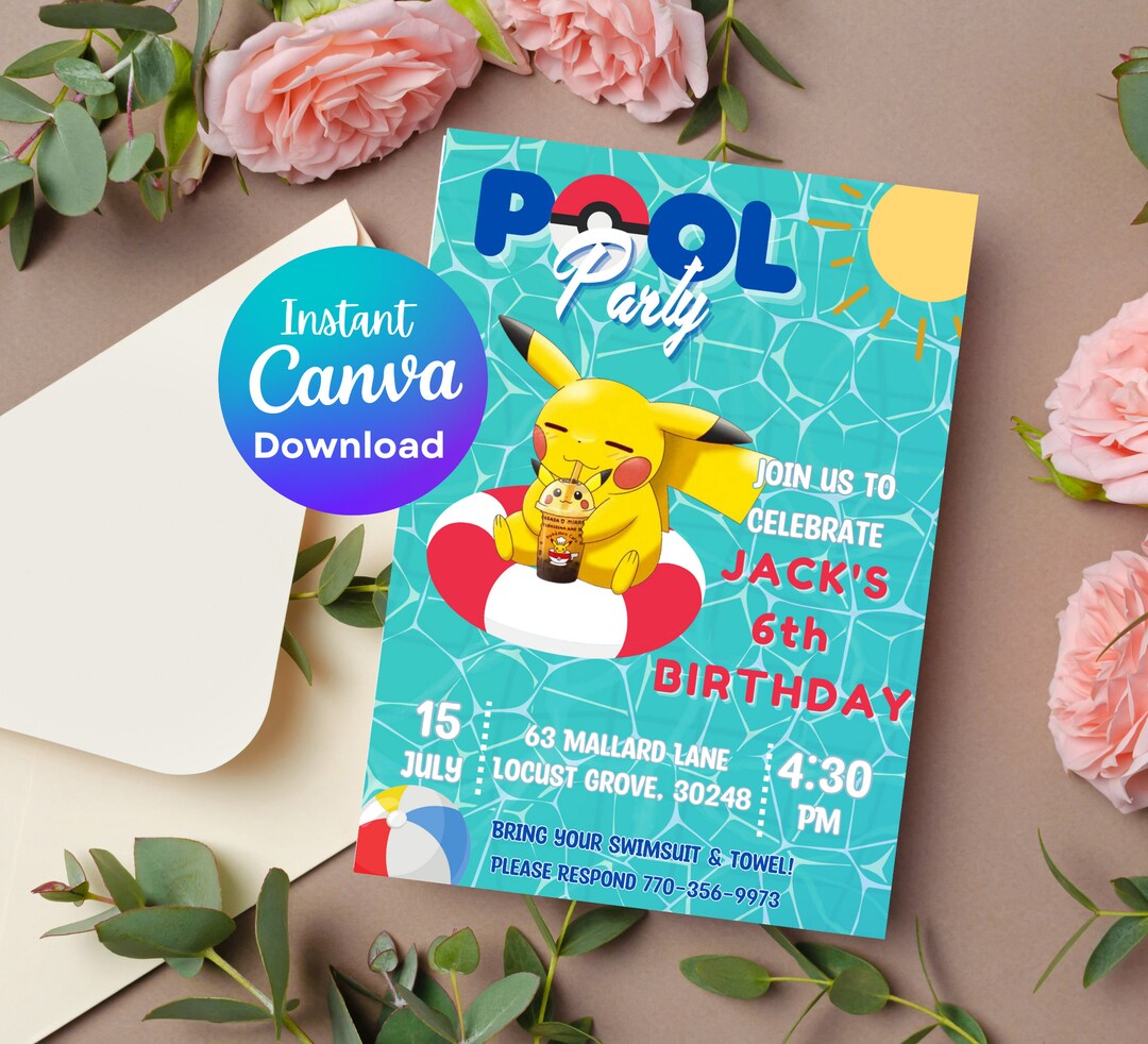 Pikachu Pool Party Birthday Invitation Pokemon Pikachu - Etsy