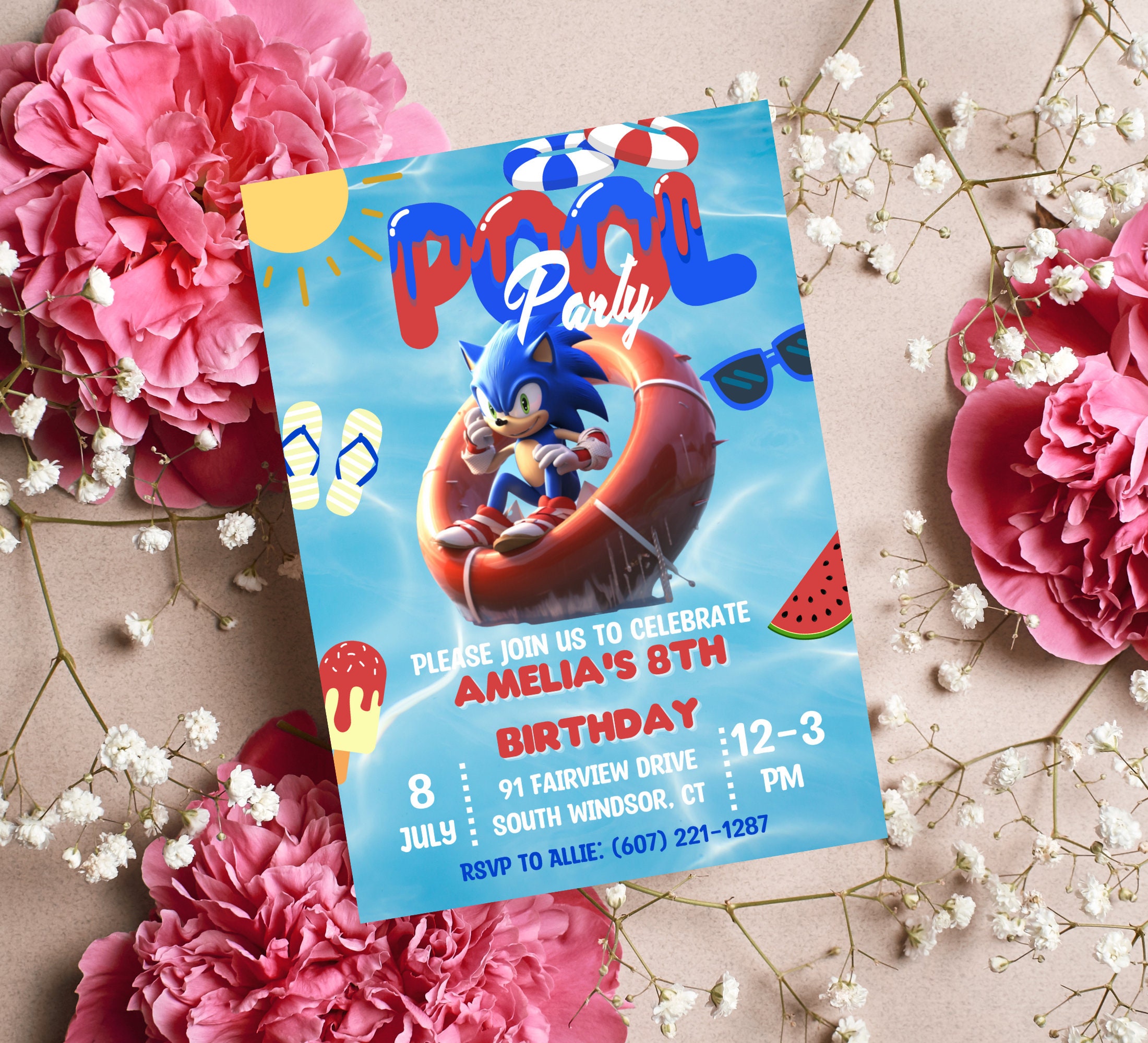 Sonic Pool Party Birthday Invitation Sonic Birthday - Etsy