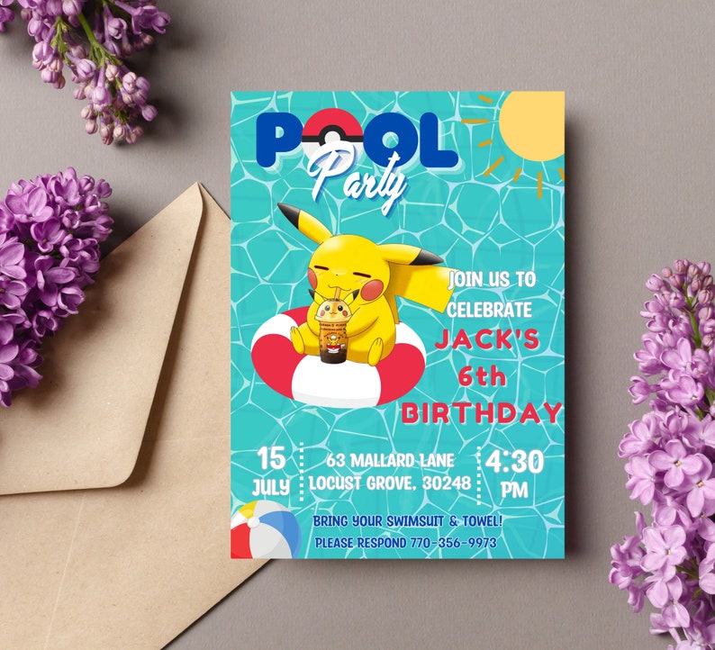 Pikachu Pool Party Birthday Invitation Pokemon Pikachu - Etsy