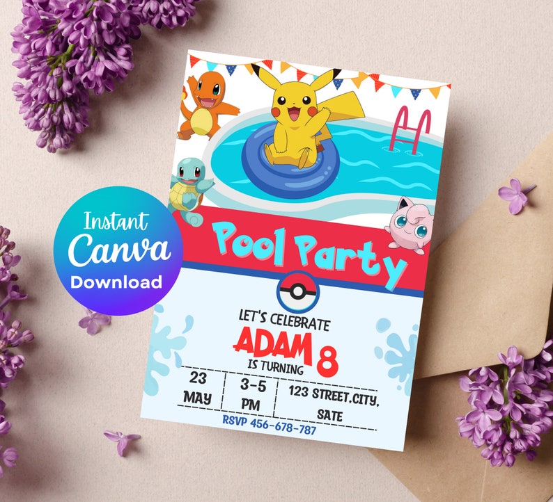 Pokemon Pool Party Birthday Invitation Pikachu Birthday - Etsy
