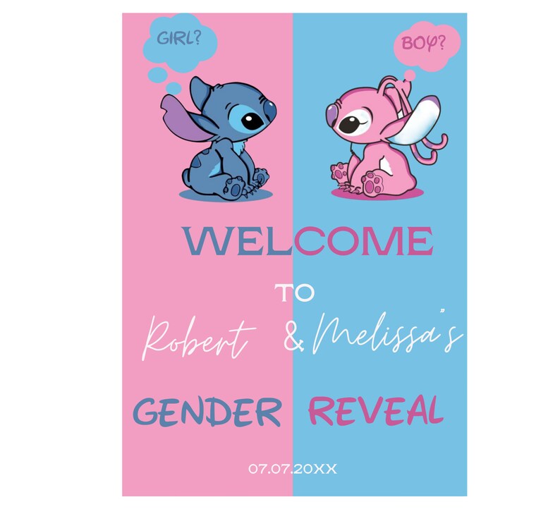 Gender Reveal Sign Editable Stitch And Angel Stitch Gender Etsy