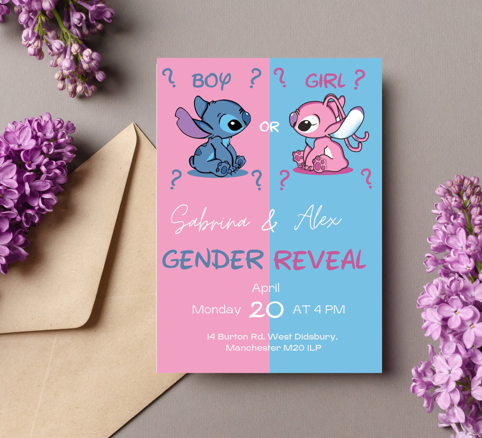 Stitch And Angel Custom Gender Reveal Digital Invitation Etsy