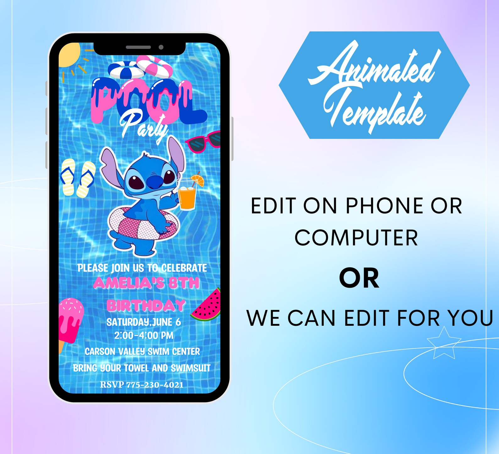 Stitch Pool Party Invitationstitch Animated Textable Pool - Etsy