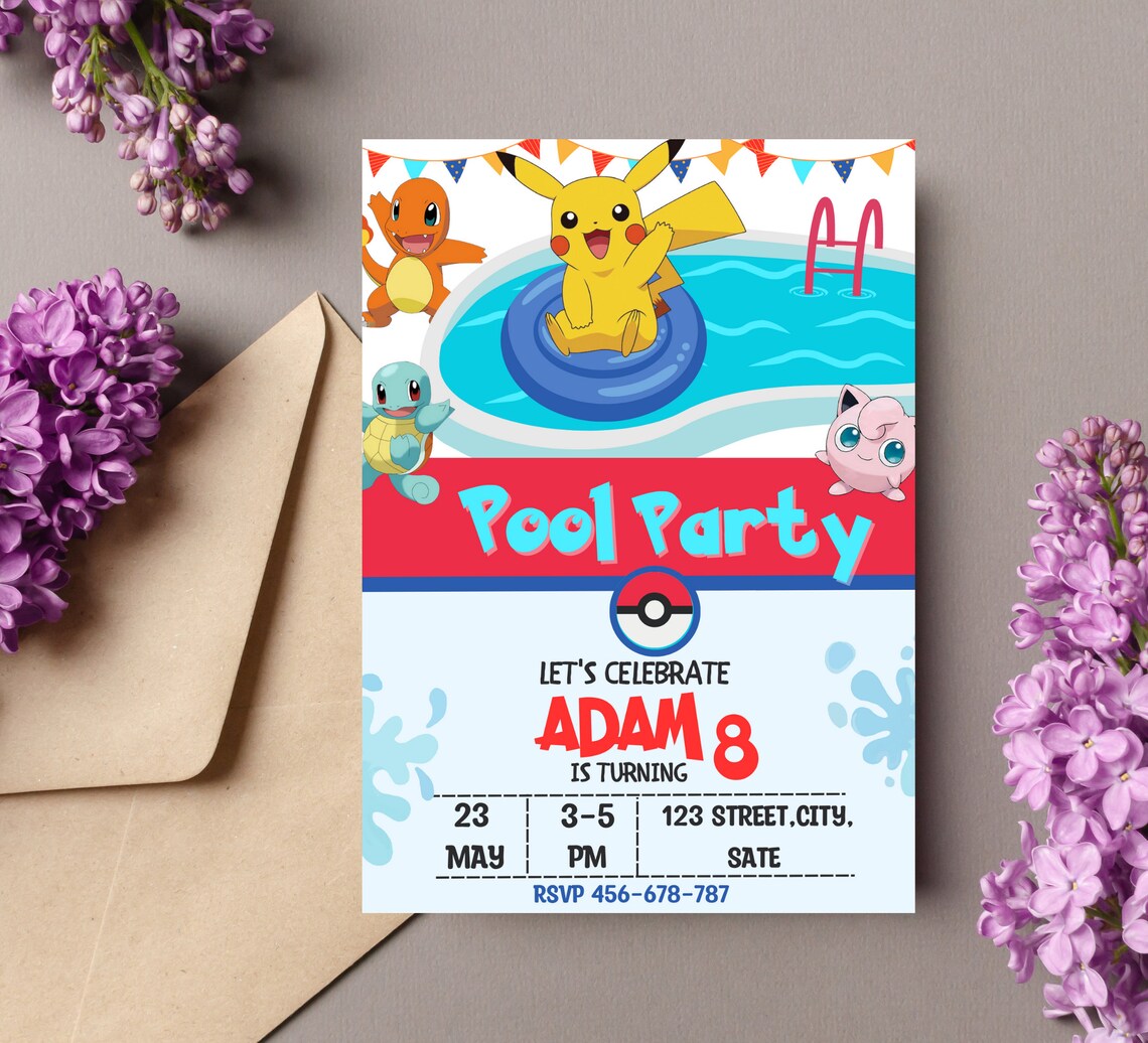 Pokemon Pool Party Birthday Invitation Pikachu Birthday - Etsy