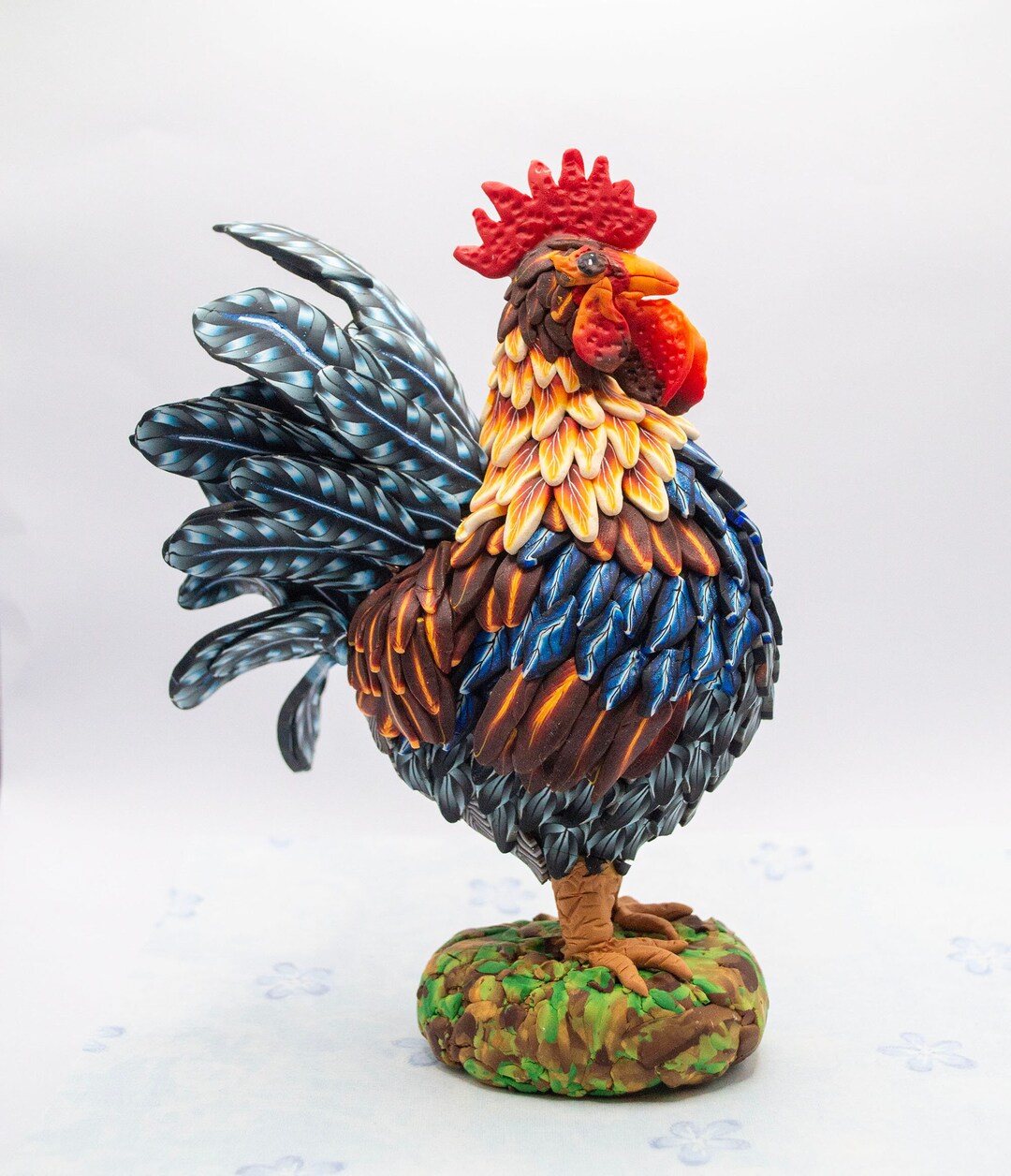 Rooster Sculpture, Blue Rooster Clay Figurine, Handmade Polymer Clay ...