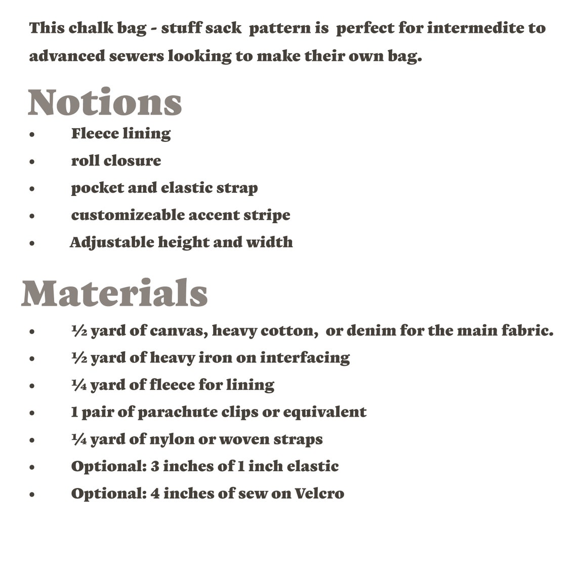 Chalk Bag / Stuff Sack Sewing Pattern | Pdf Printable Sewing Pattern ...