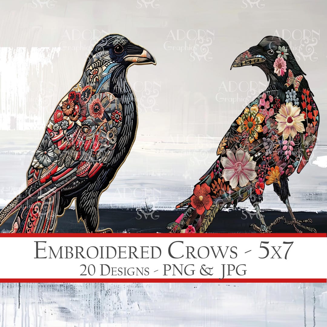 Raven Ephemera, Crow Clipart, Embroidered Crow Cutouts, Fussy Cuts Pack ...