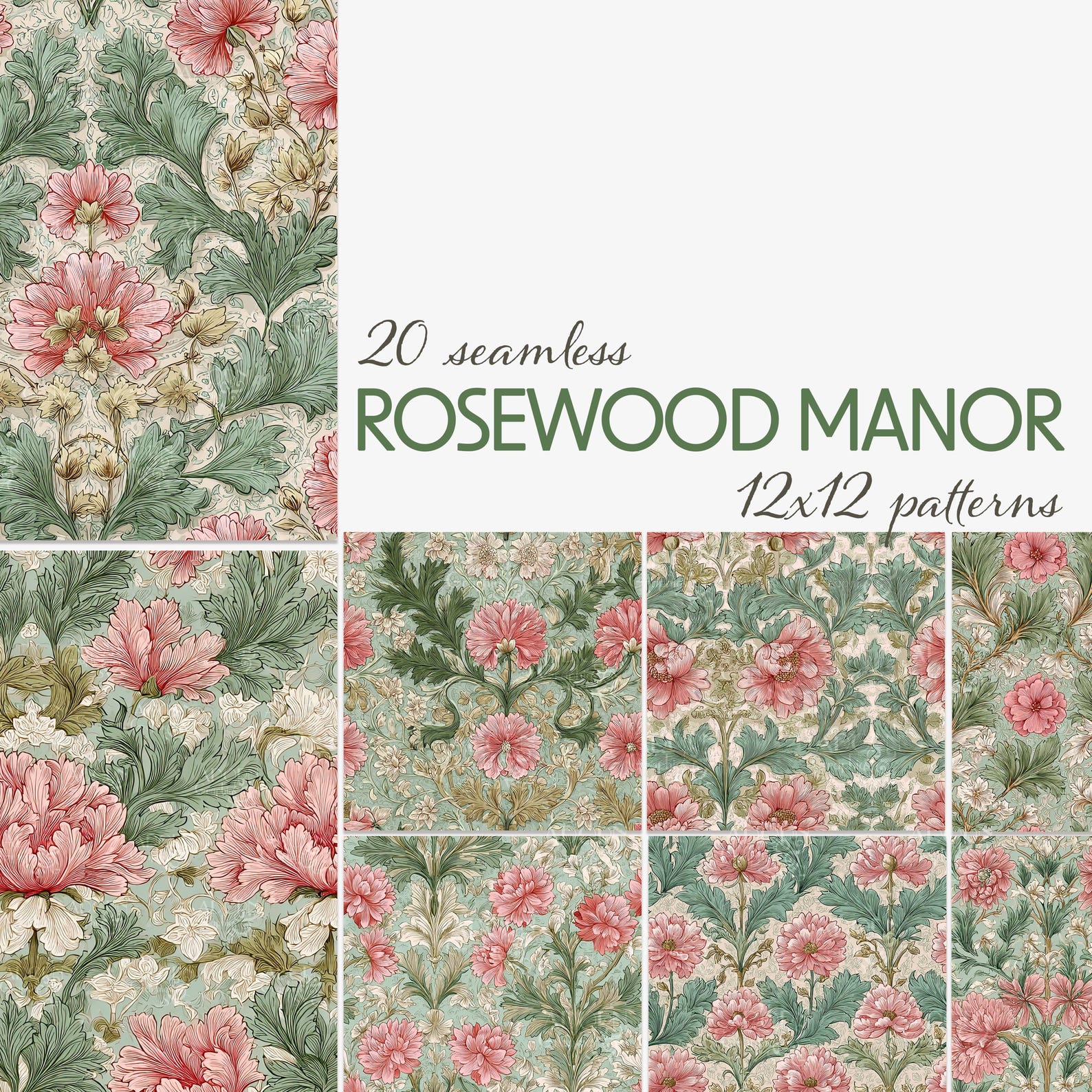 Rosewood Manor Seamless Floral Patterns, Vintage Pink & Green Digital ...