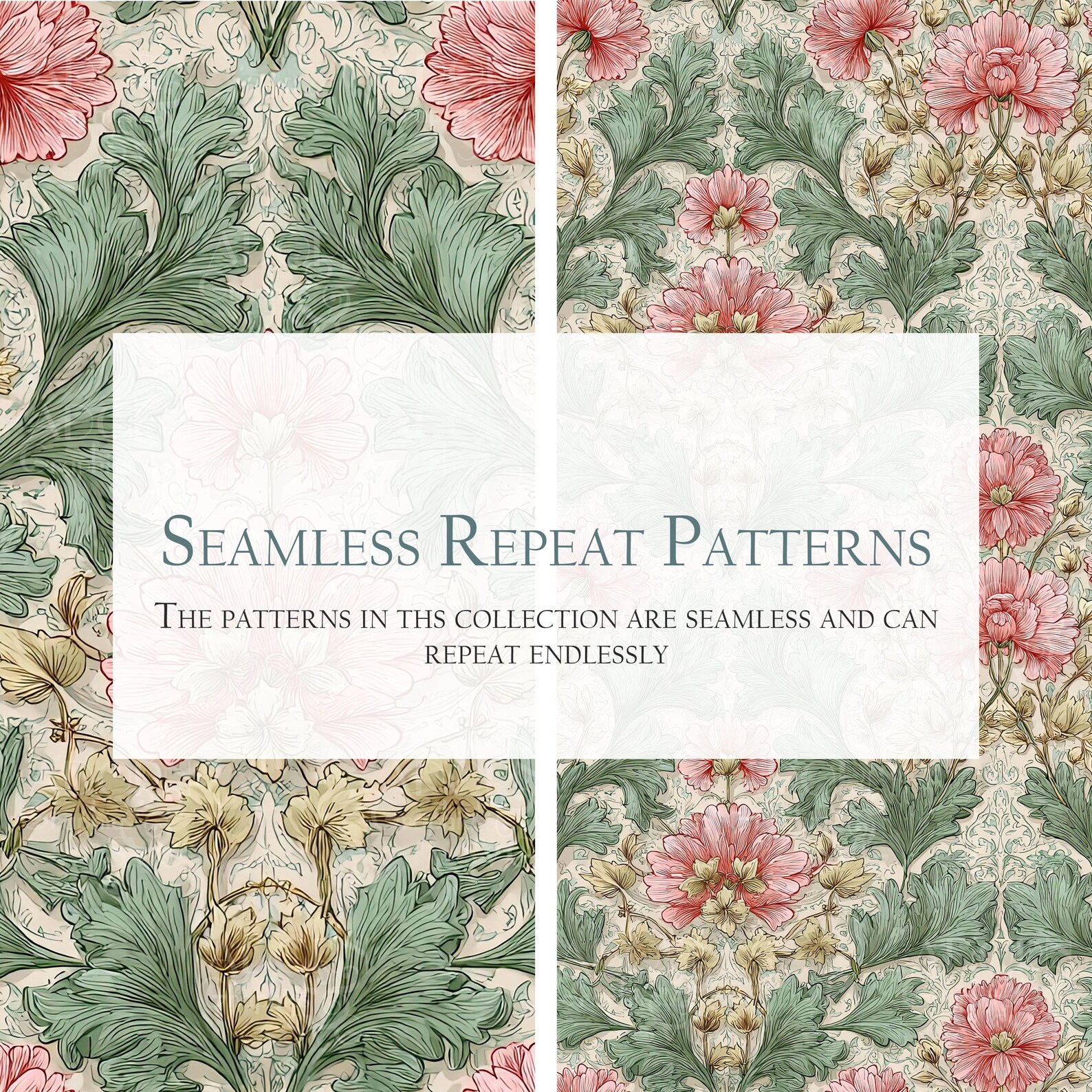 Rosewood Manor Seamless Floral Patterns, Vintage Pink & Green Digital ...