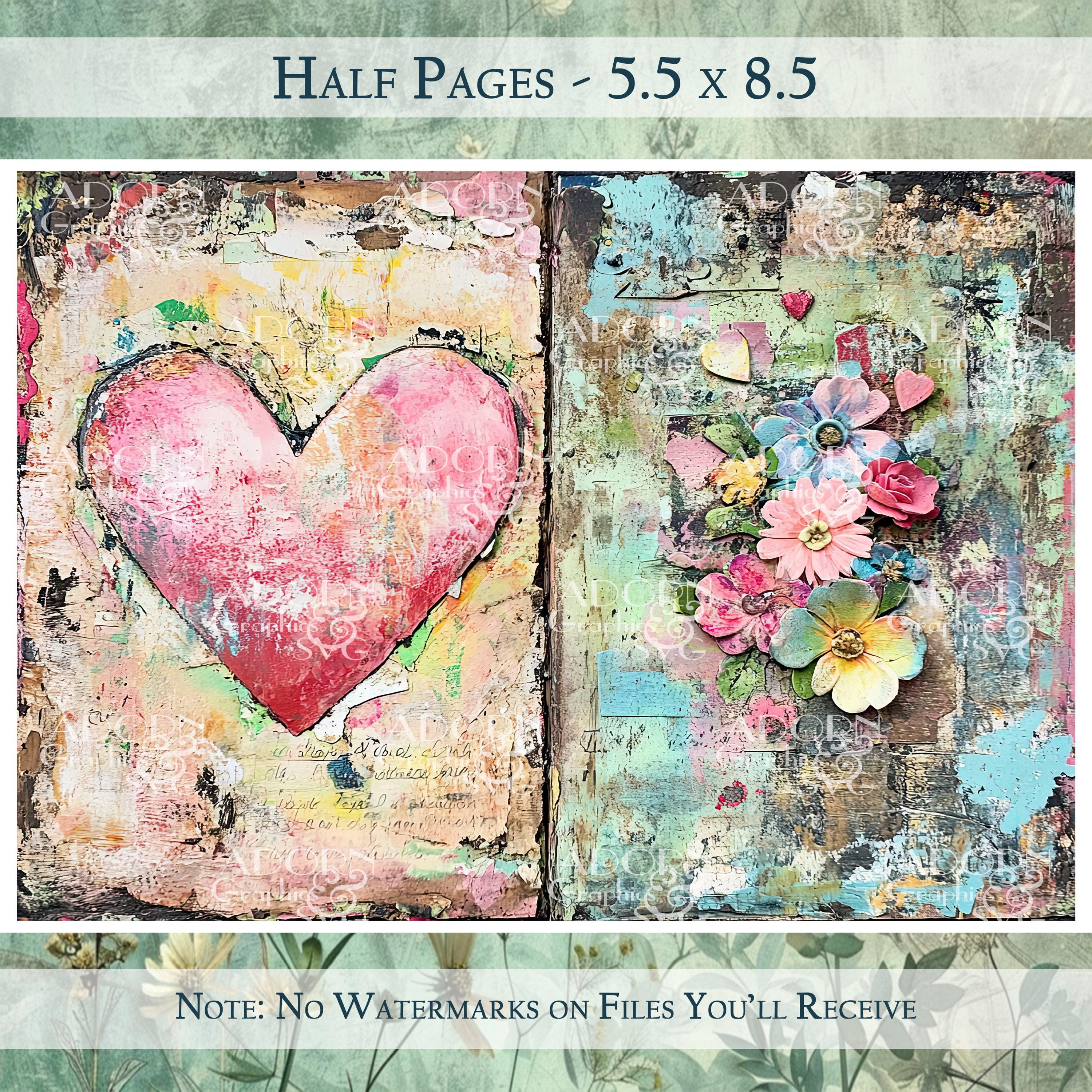 Vintage Grunge Half Pages With Romantic Hearts Flowers - Junk Journal ...