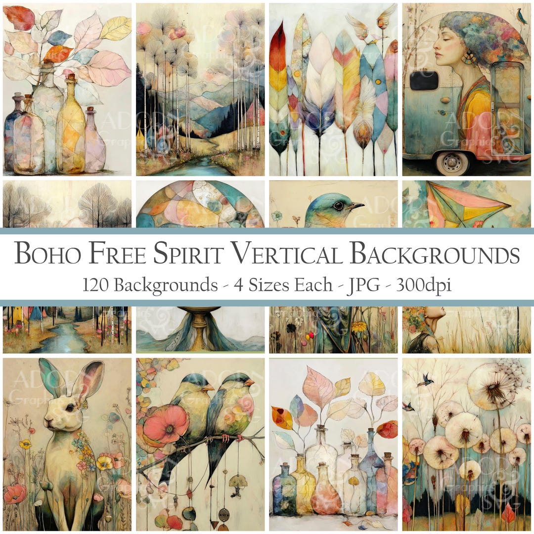 Boho Free Spirit Digital Backgrounds, 36 Printable Papers for Junk ...