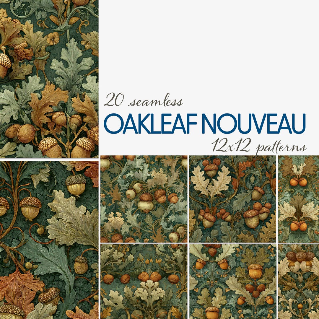 Oakleaf Nouveau Seamless Patterns – Autumn Acorns & Art Nouveau Leaves ...