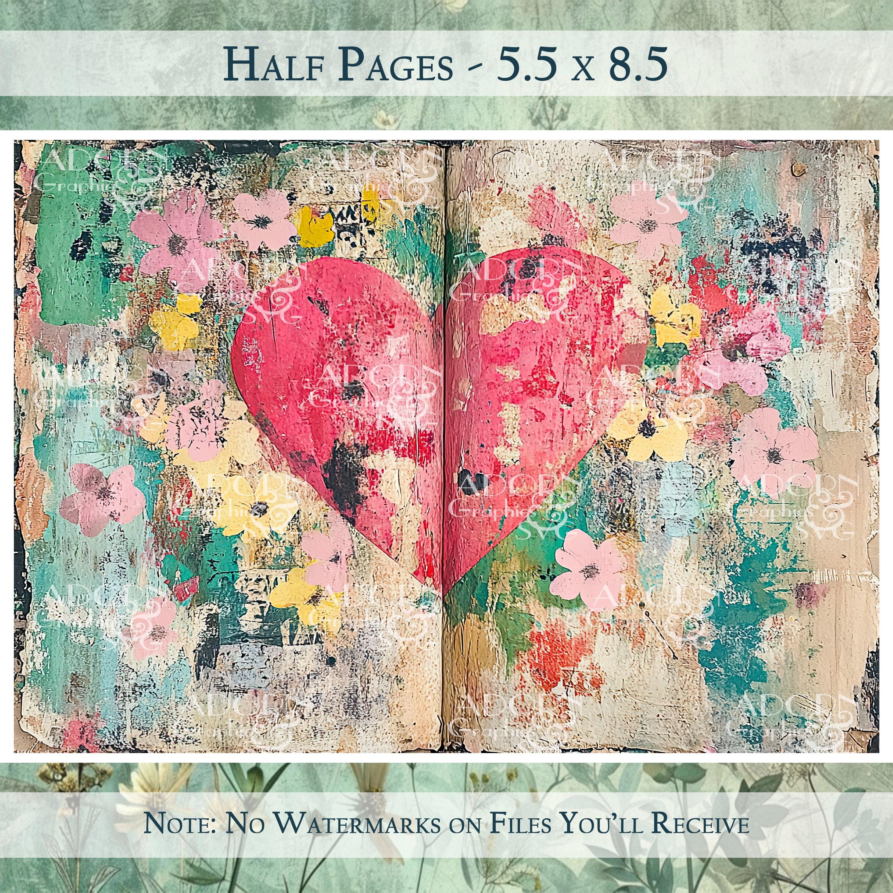 Vintage Grunge Half Pages With Romantic Hearts Flowers - Junk Journal ...