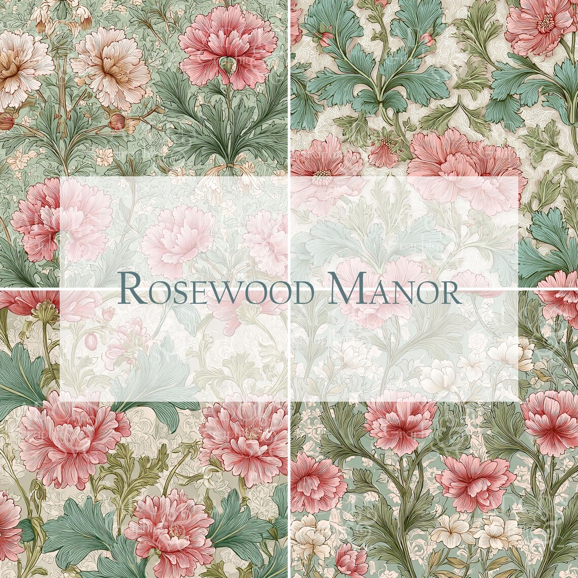 Rosewood Manor Seamless Floral Patterns, Vintage Pink & Green Digital ...