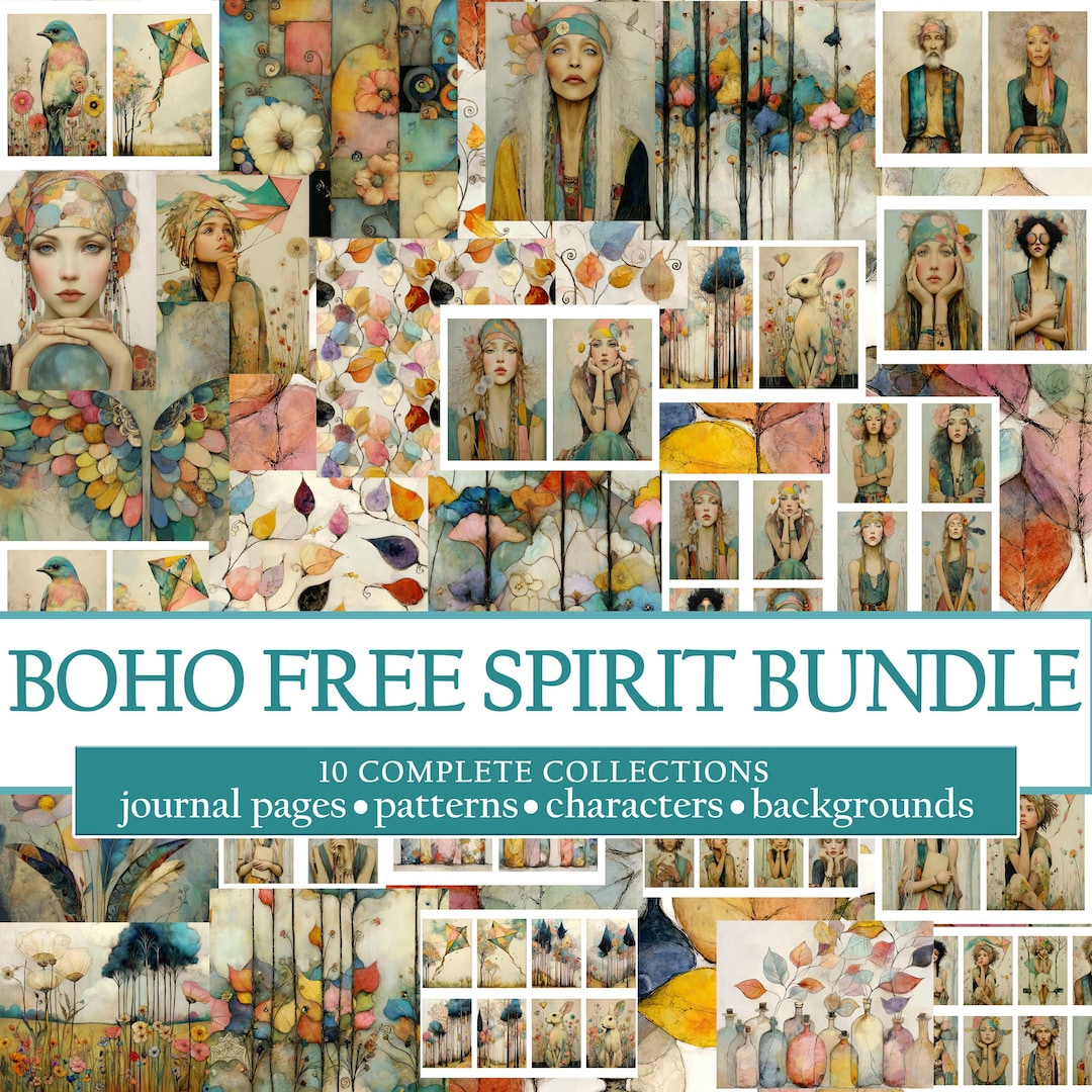Boho Free Spirit Mega Bundle, Clipart Sets, Seamless Patterns ...