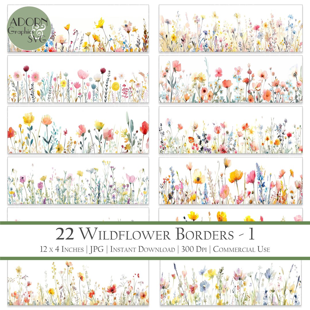 Wildflower Border, Wedding Clipart, Spring Flower Clip Art, Watercolor ...