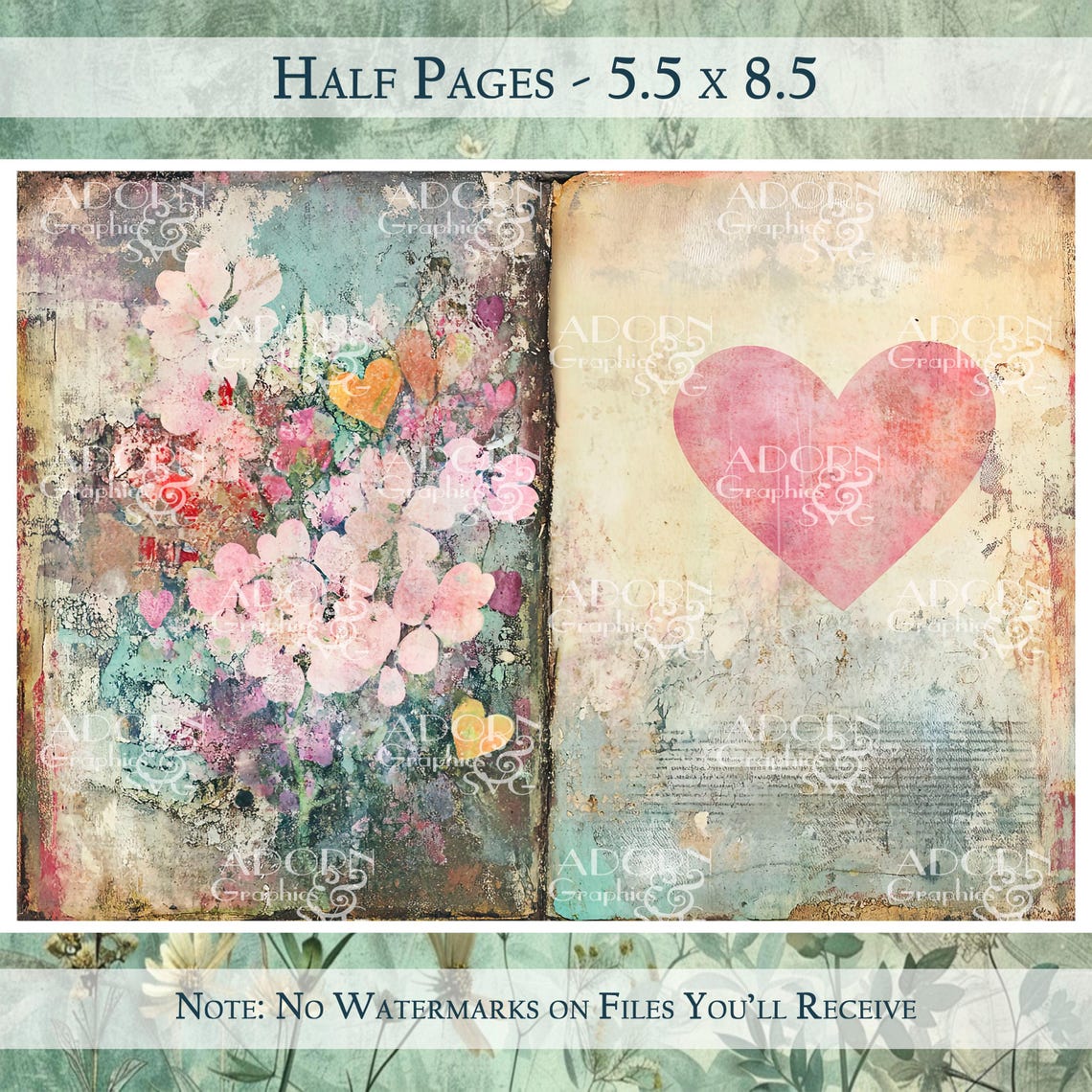 Vintage Grunge Half Pages With Romantic Hearts Flowers - Junk Journal ...