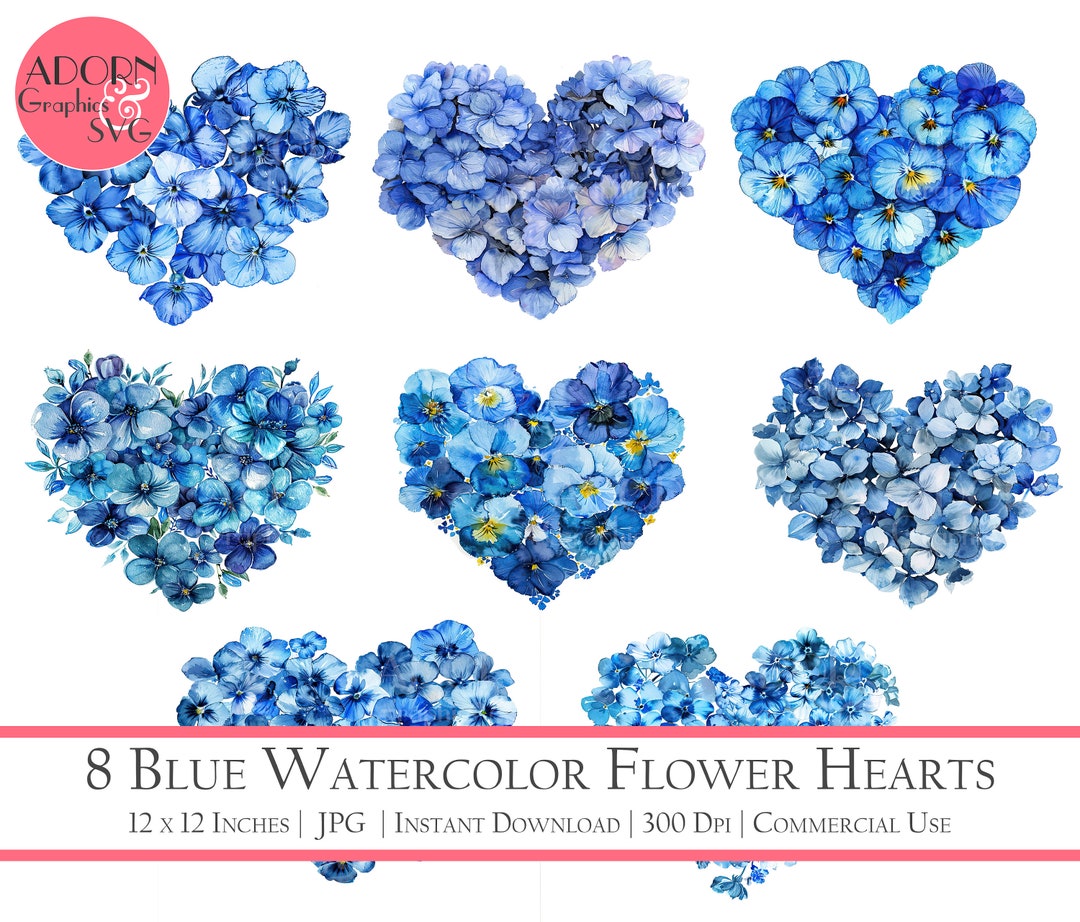 Blue Flower Heart, Digital Clipart Pack, 8 Scrapbook Images, Heart ...