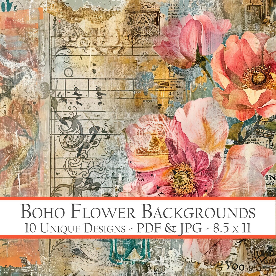 Boho Flower Collage Background Pages, Floral Digital Paper ...