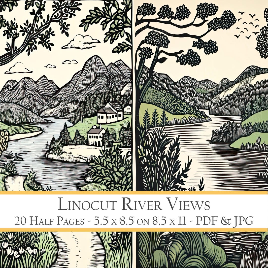 Linocut Art Printables, Junk Journal Backgrounds, River Landscape Pages ...