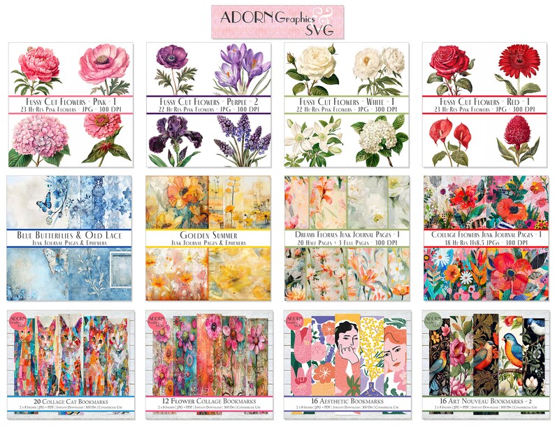 Romantic Flowers Scrappy Papers, Junk Journal, Shabby Pages, Vintage ...