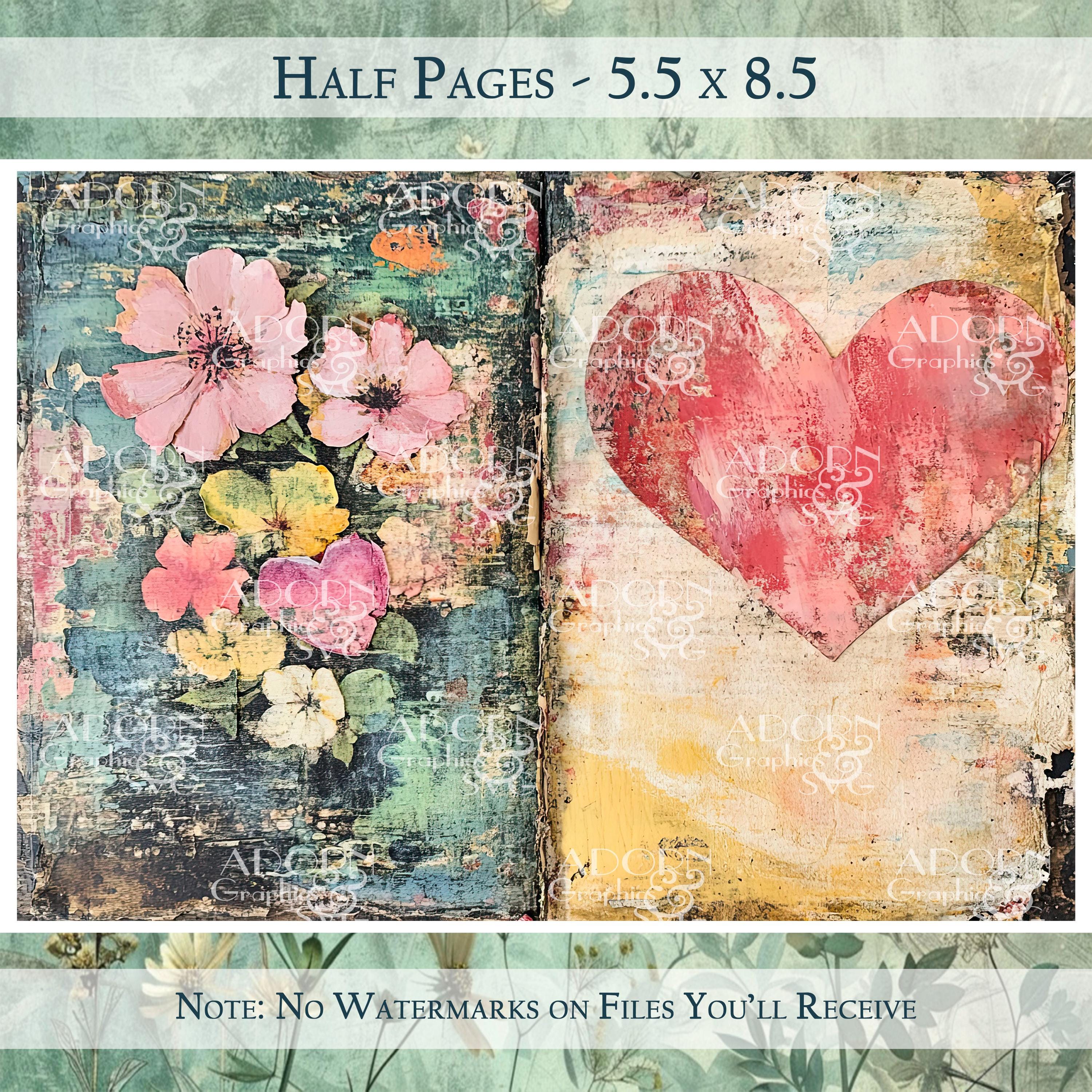 Vintage Grunge Half Pages With Romantic Hearts Flowers - Junk Journal ...