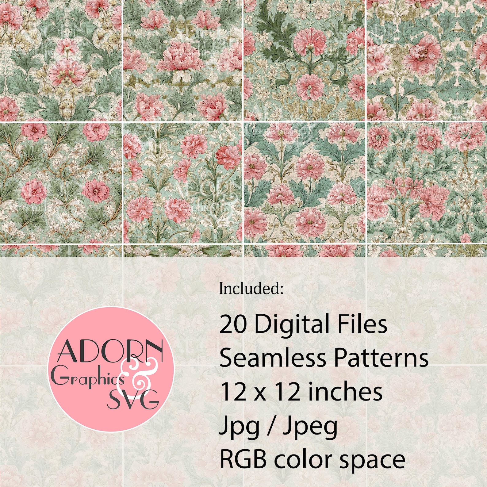 Rosewood Manor Seamless Floral Patterns, Vintage Pink & Green Digital ...