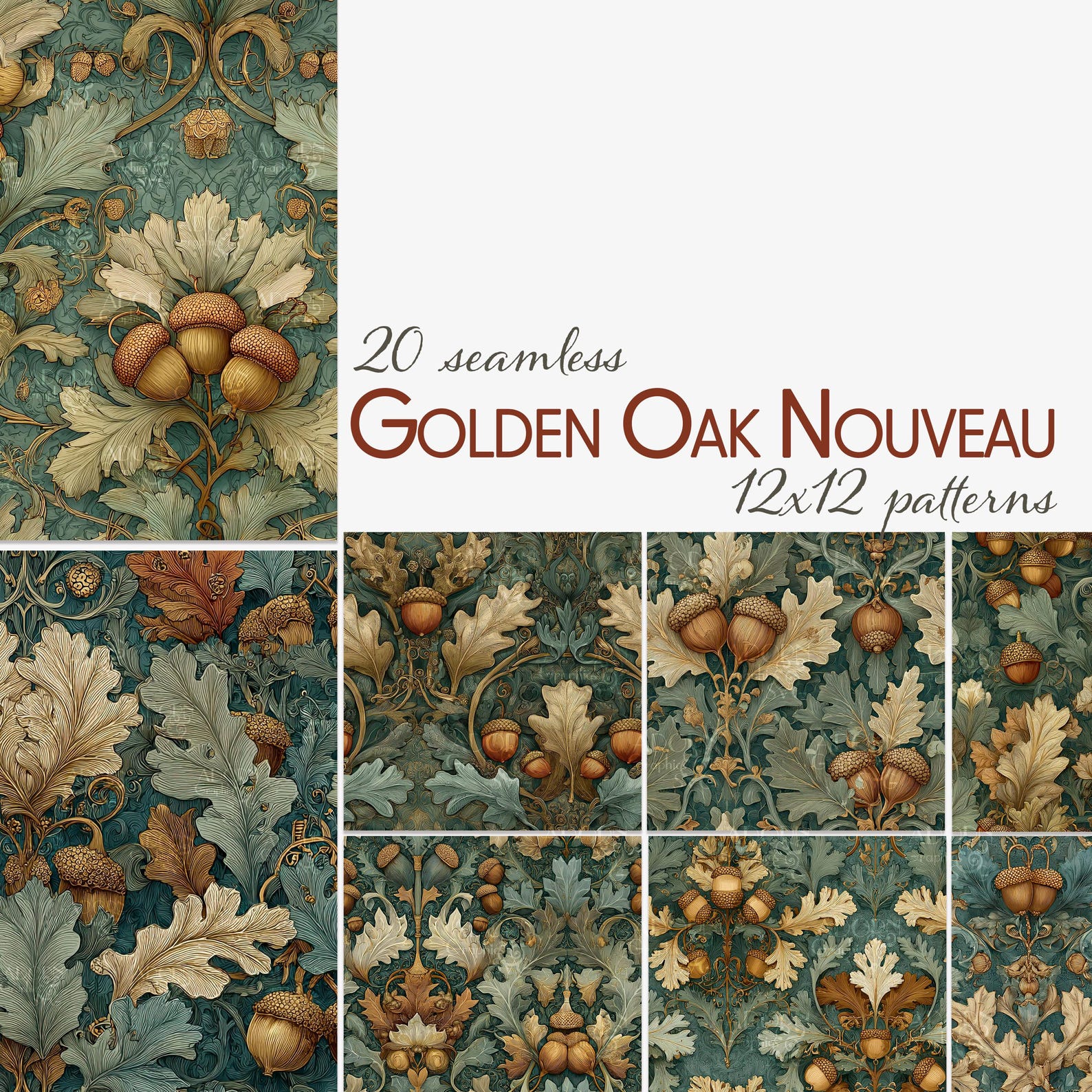 Golden Oak Nouveau Seamless Patterns – Elegant Acorns & Oak Leaves ...