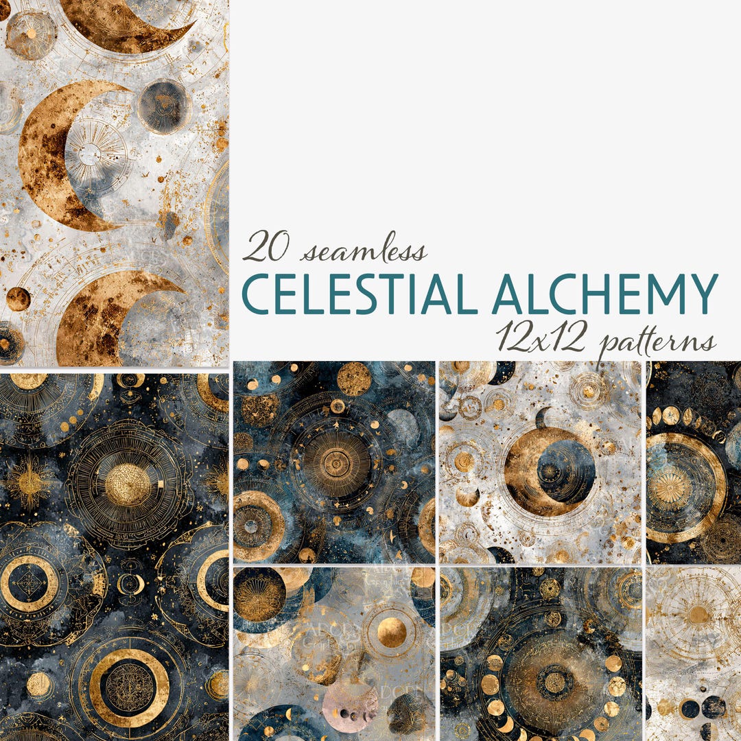Celestial Alchemy Seamless Digital Paper, 20 Gilded Moon & Cosmic ...
