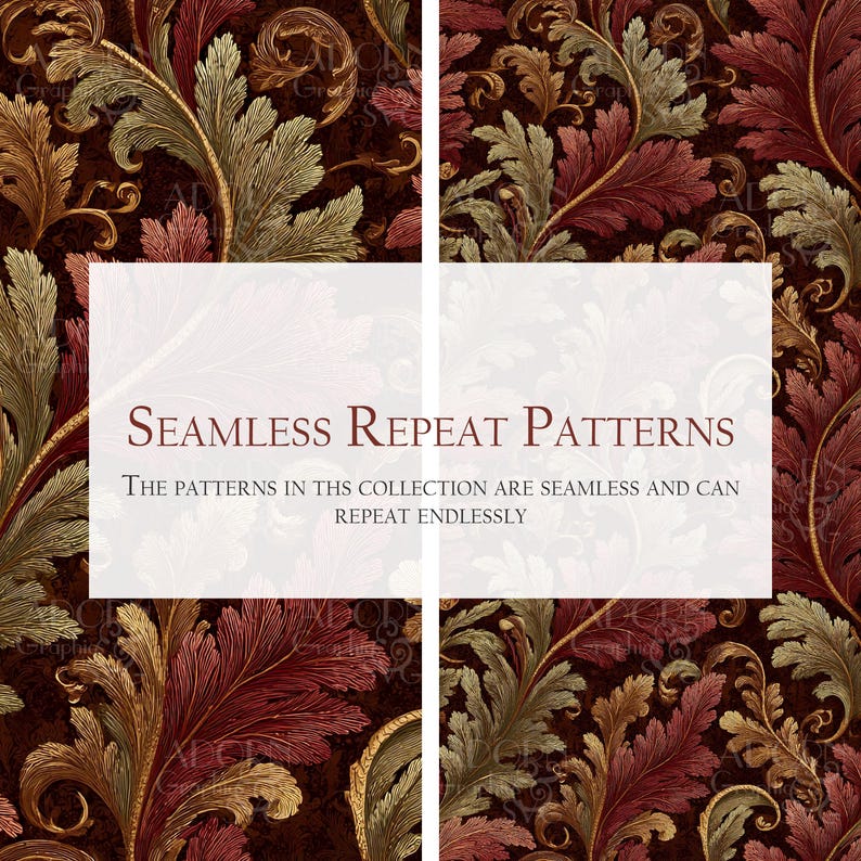 Baroque Leaf Seamless Patterns, Burgundy & Gold Digital Papers for ...