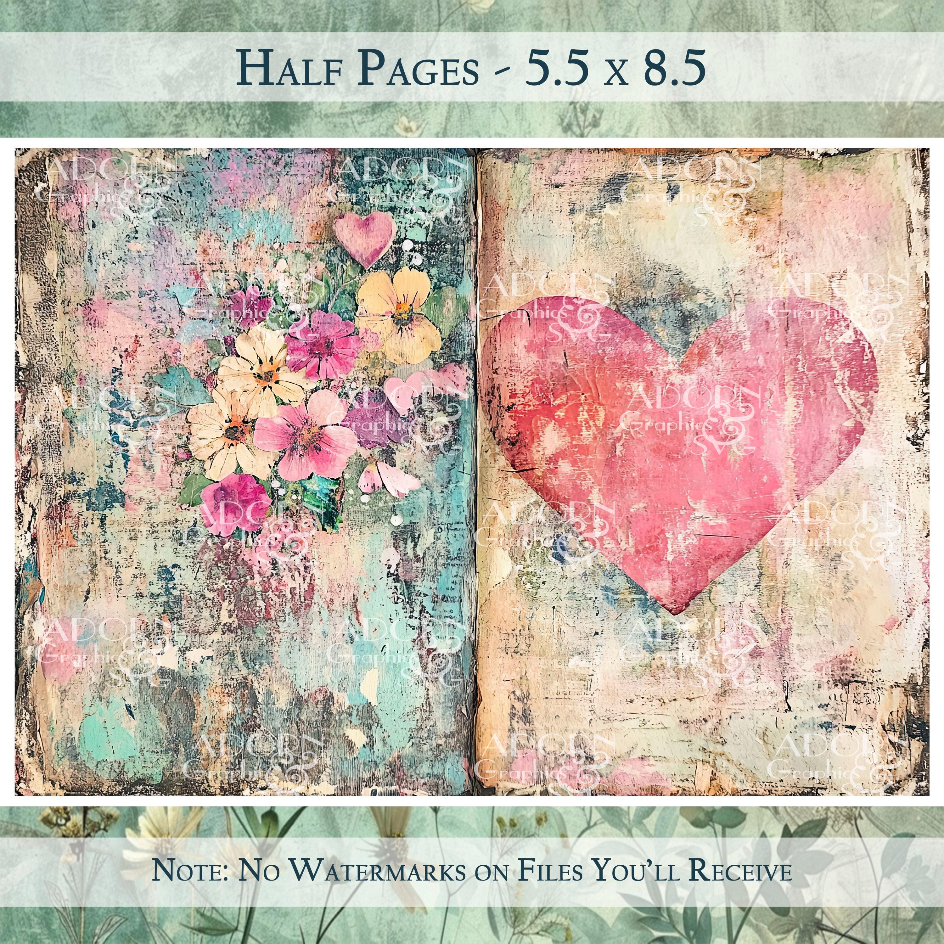 Vintage Grunge Half Pages With Romantic Hearts Flowers - Junk Journal ...