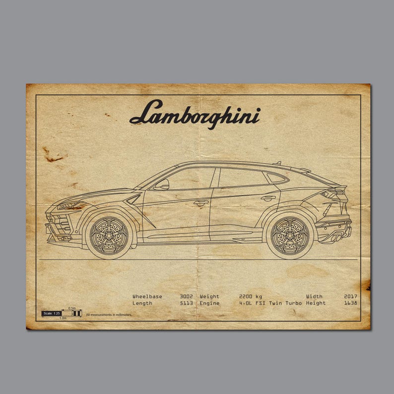 Lamborghini Blueprint, Lamborghini Print, Urus Blueprint, Mancave Wall ...