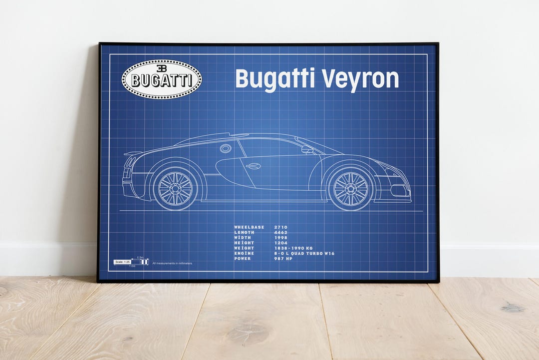 Bugatti Veyron Blueprint, Vevron Poster, Bugatti Print, Car Poster Art, Car Poster Print, Car ...