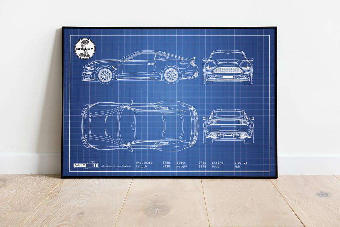 Shelby Blueprint, Ford Mustang, Car Blueprints, Car Poster, Gift for ...