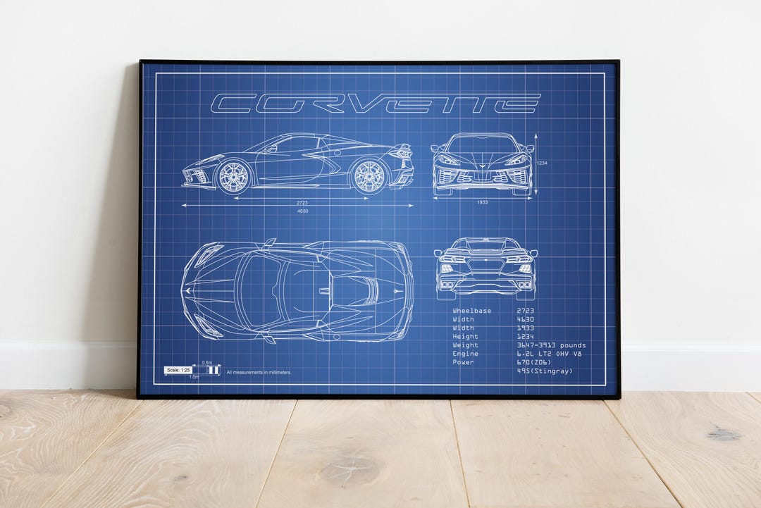 Chevy Corvette Blueprint, Car Blueprints, Car Poster, Garage Workshop ...