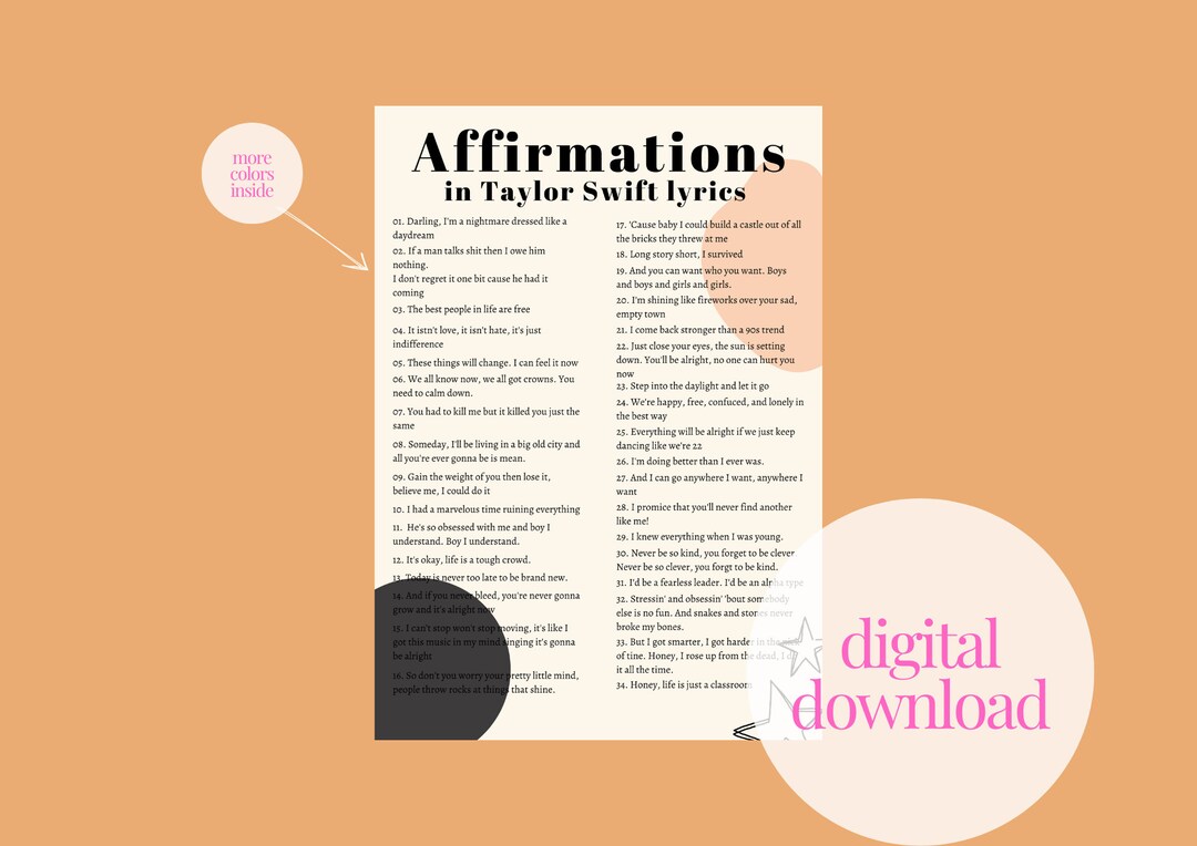 AFFIRMATIONS in Taylor Swift Lyrics Poster Taylor Swift Gift - Etsy