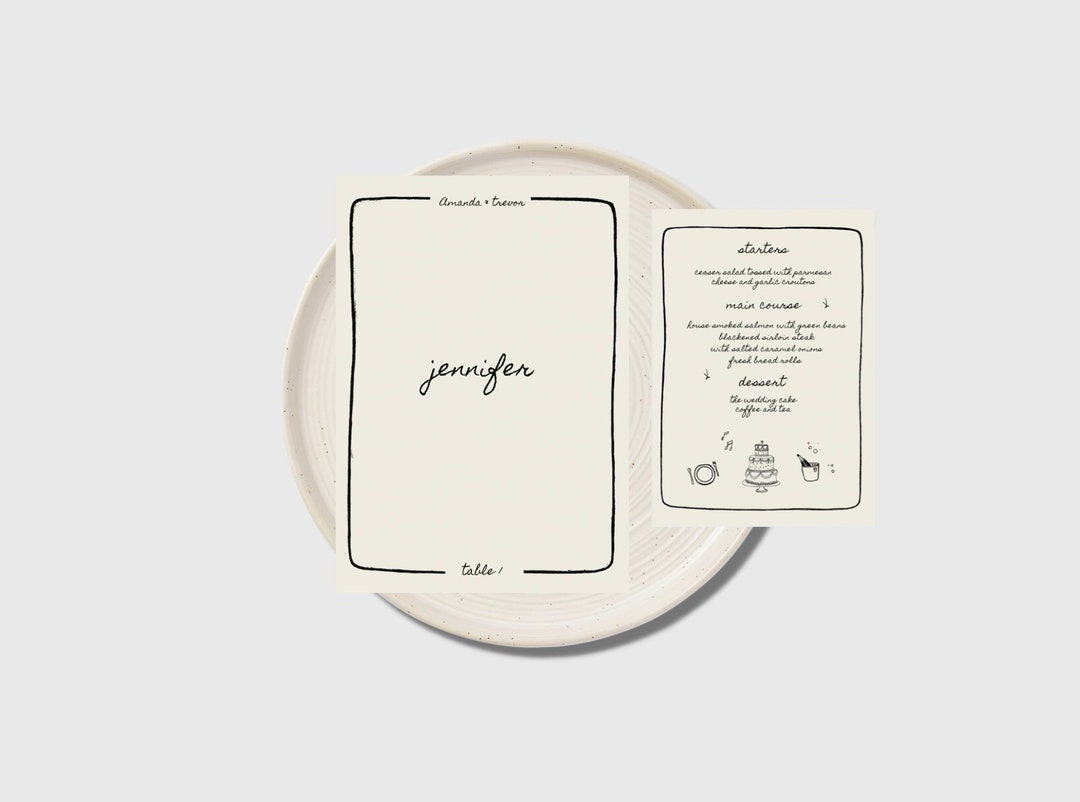 Double Sided Menu Name Card, Funky Wedding Menu, Whimsical, Hand Drawn ...