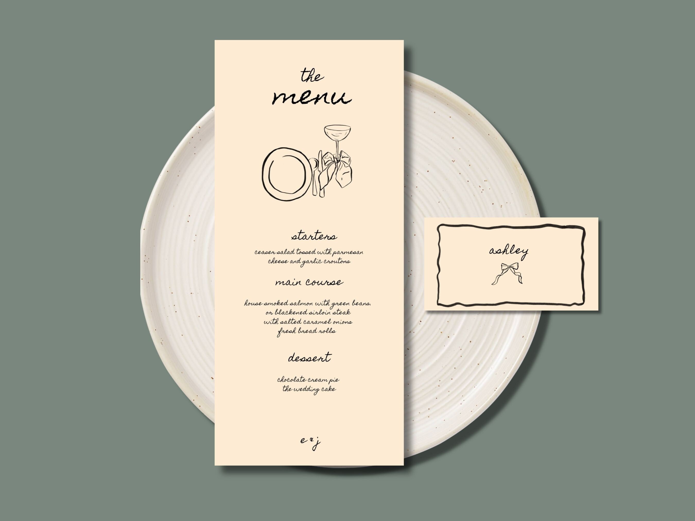 Dinner Menu Place Card Unique Hand Drawn Designs - Etsy