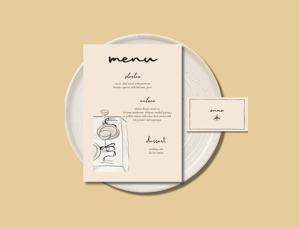 Minimalist Menu Place Card, Unique, Whimsical Elevated Hand Drawn ...