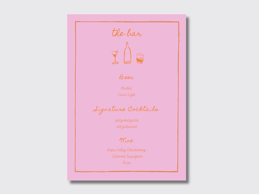Drink Bar Menu, Wedding Drinks Menu, Colorful, Trendy, Hand Drawn ...