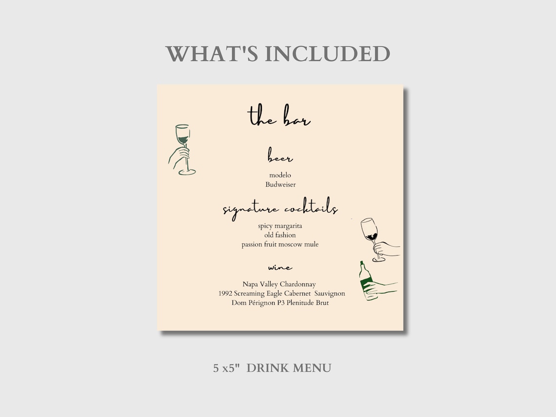 Drink Bar Menu, Hand Drawn, Wedding Drink Menu, Classy, Unique, Squared ...