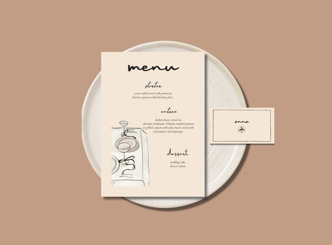 Minimalist Menu + Place Card, Unique, Whimsical Elevated Hand Drawn ...