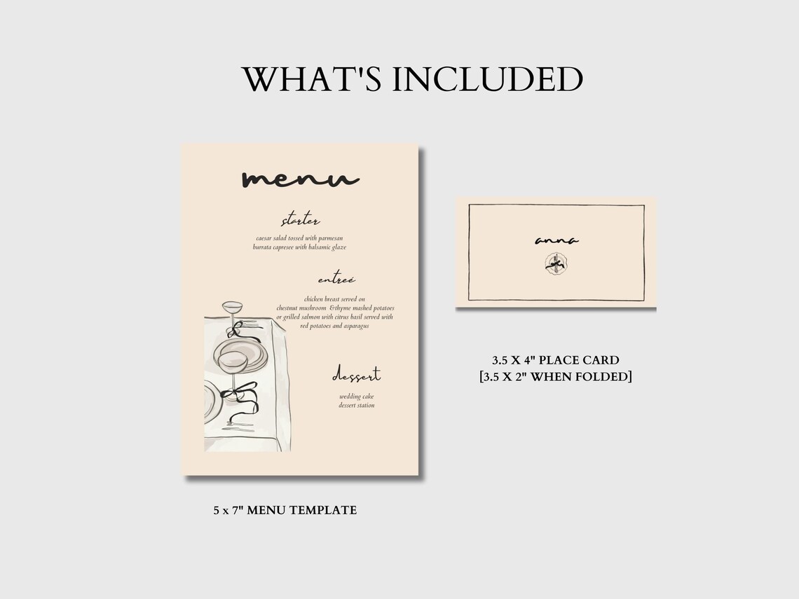 Minimalist Menu Place Card, Unique, Whimsical Elevated Hand Drawn ...