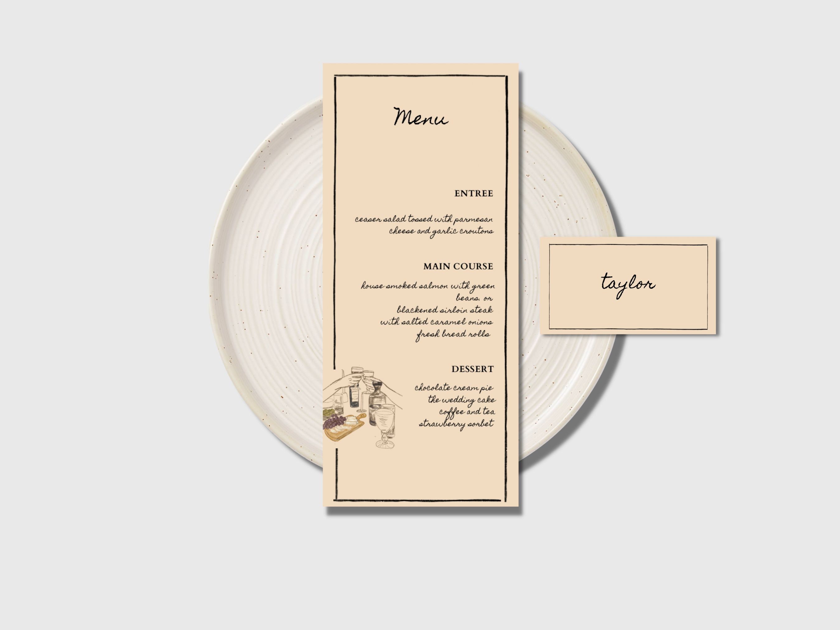 Menu Place Card Template, Wedding Menu, Whimsical, Hand Drawn, Wedding ...