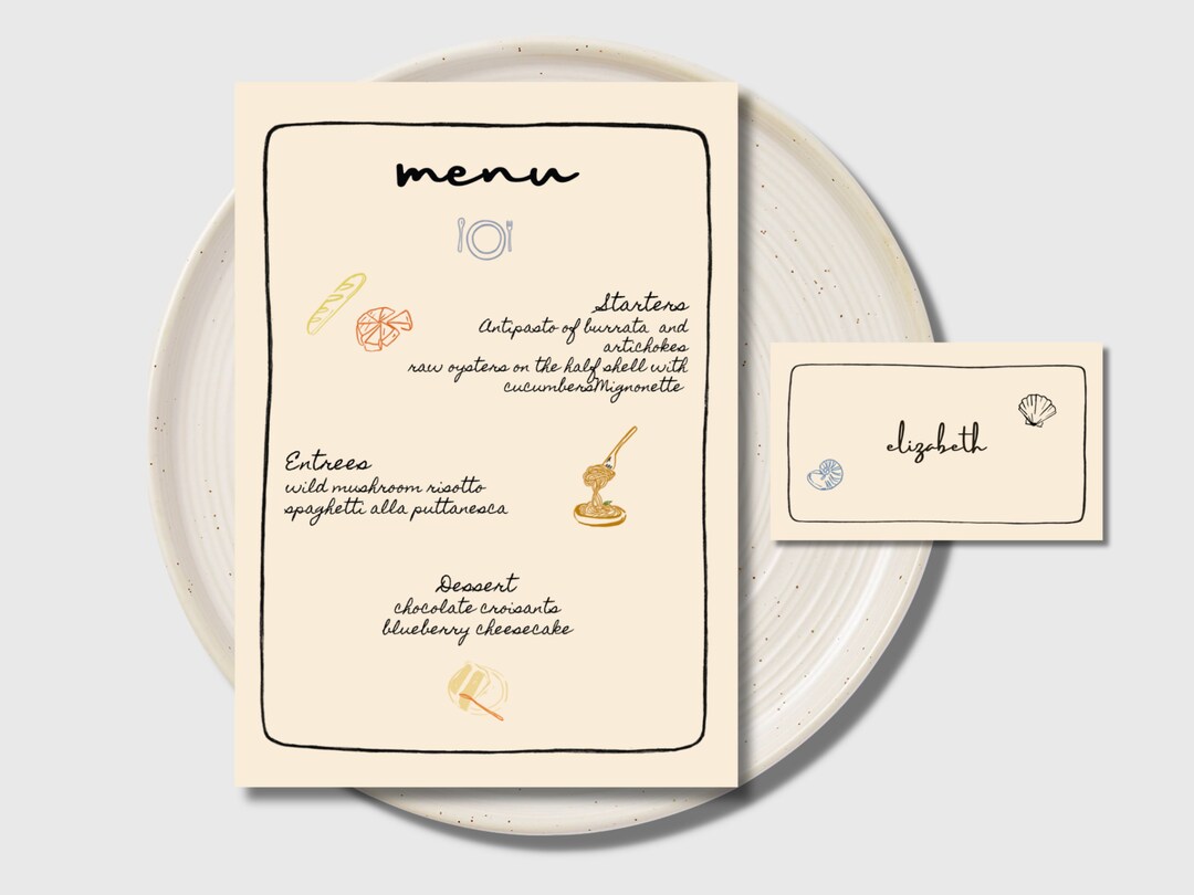 Menu + Place Card, Colorful, Minimalist Dinner Menu, Hand Drawn, Cute ...