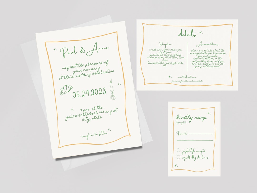 Wedding Invitation Set, Hand Drawn Designs, Cute and Trendy Invitation ...