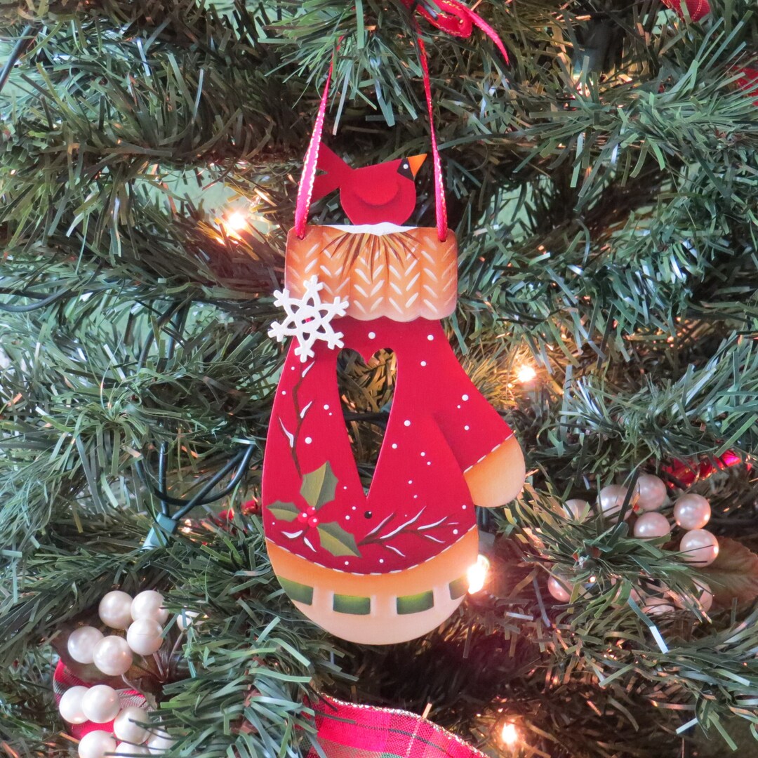 Red Mitten Ornament, Hand Painted Wood Christmas Ornaments, Decorative ...