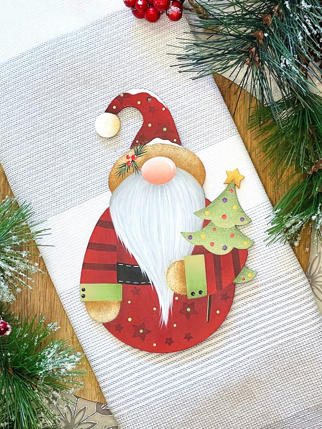 Santa Gnome Ornament With Tree, Handpainted Wood Christmas Ornament ...
