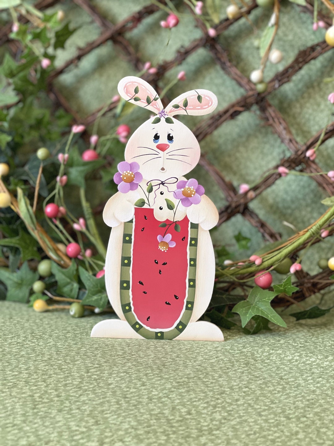 Spring Bunny With Watermelon Shelf Sitter, Easter Bunny, Handpainted ...